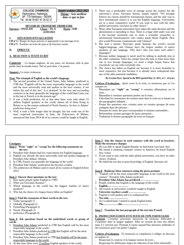 Devoir Anglais Tle The Triumph of English | PDF | English Language | Sentence (Linguistics)