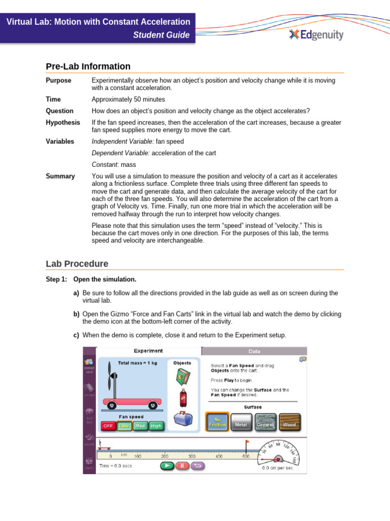 Virtual Lab Guide - Motion With Constant Acceleration - Student Guide ...