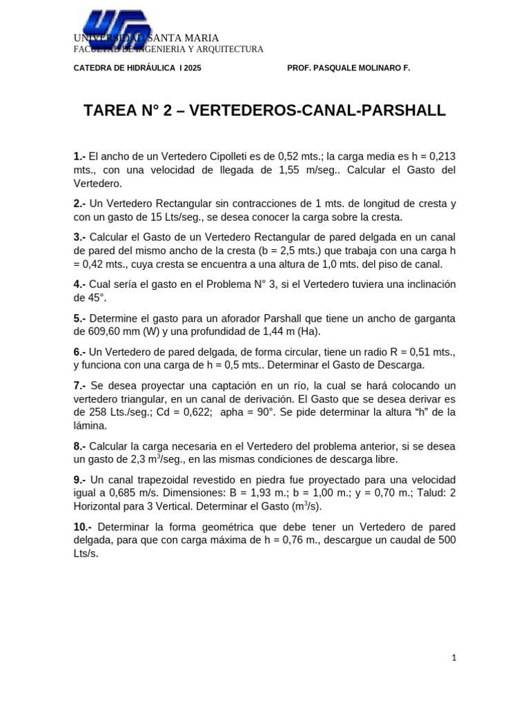 Tarea #2 Hidraulica Vertederos I 2025 | PDF