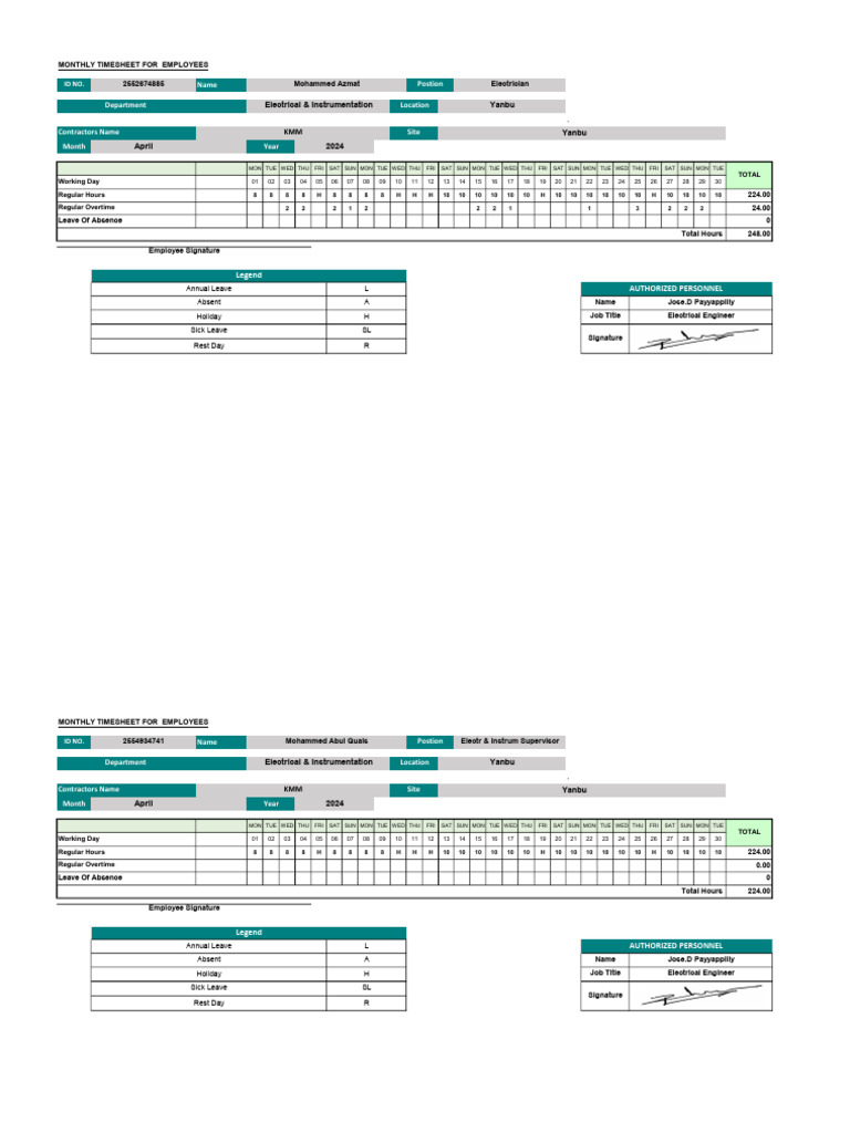 Irshad Supplier April Timesheet 2024 | PDF | Labor | Business Law