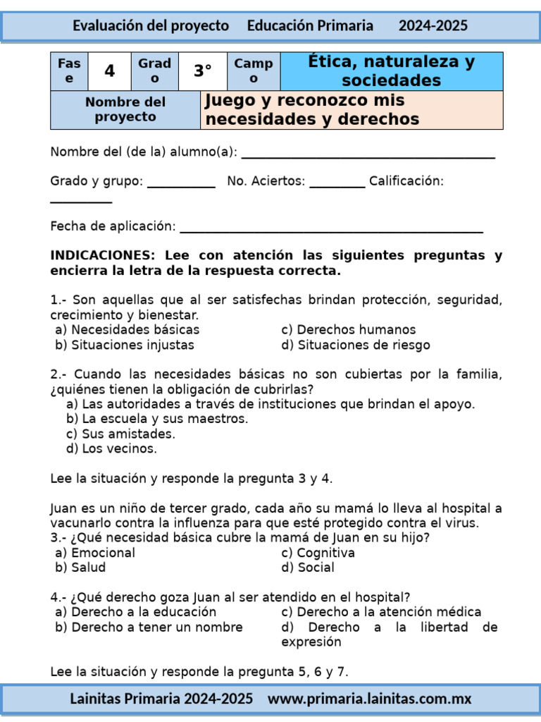 3er Grado Diciembre - Examen 02 Juego y Reconozco Mis Necesidades y ...