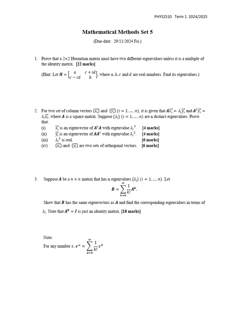 Mathematical Methods Set5 - Qu | PDF | Eigenvalues And Eigenvectors | Matrix (Mathematics)