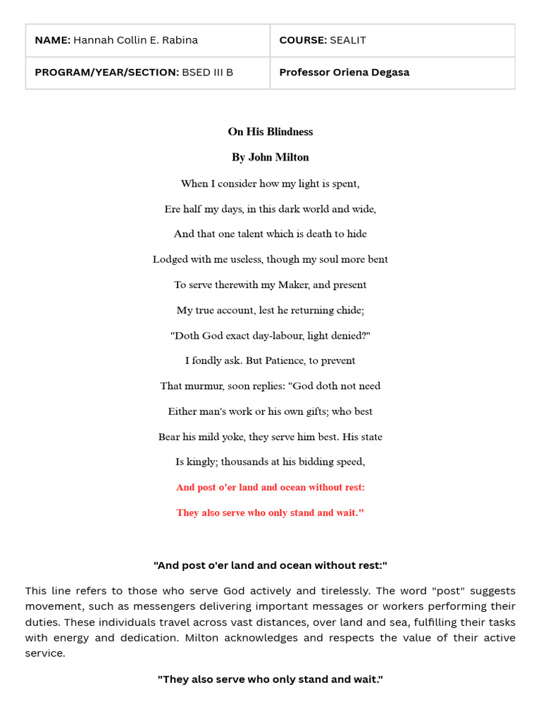 Interpretation of The Poem, On His Blindness | PDF | Religious Belief ...