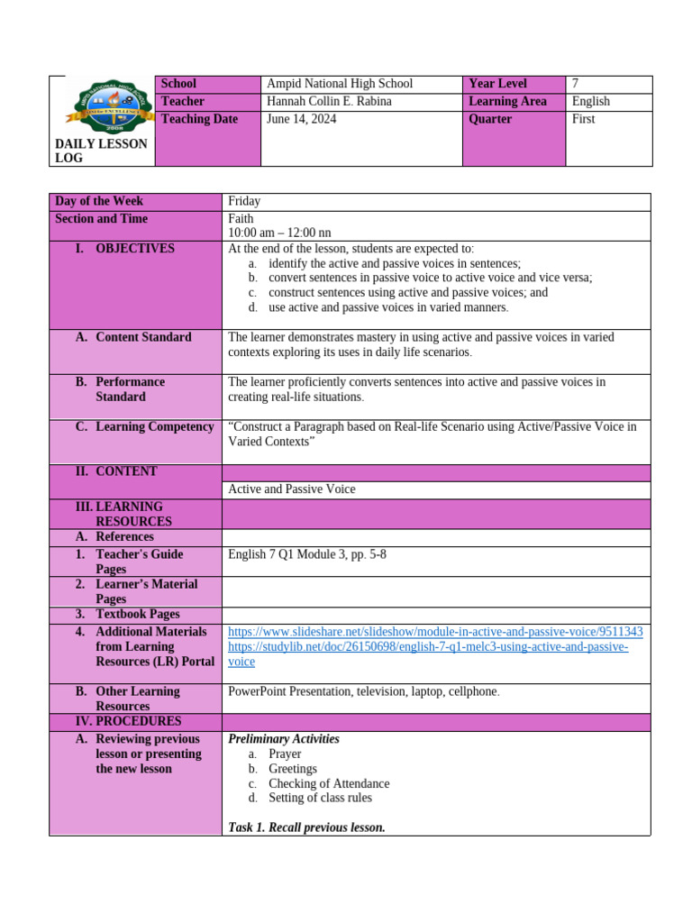 Lesson Plan in Active Voice and Passive Voice | PDF | Verb | Subject ...