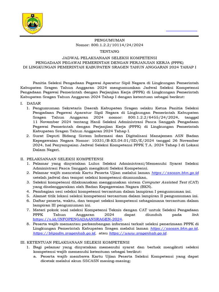 Pengumuman Jadwal Seleksi Kompetensi Pppk-2024-Tahap 1-Ttd Manual | PDF