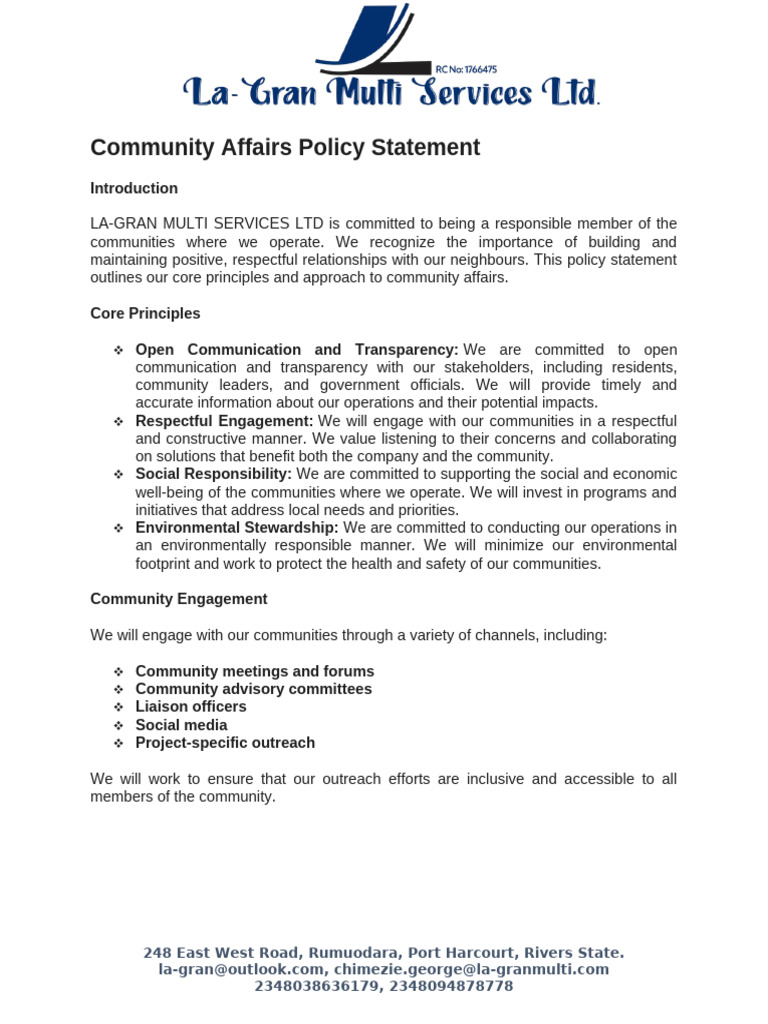 LA-GRAN - Community Affairs Policy Statement | PDF | Sustainability ...