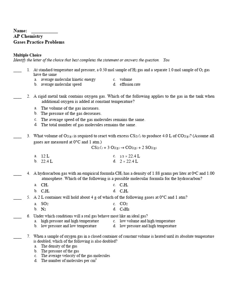 AP Gases Practice Problems 2020 | PDF | Gases | Molecules