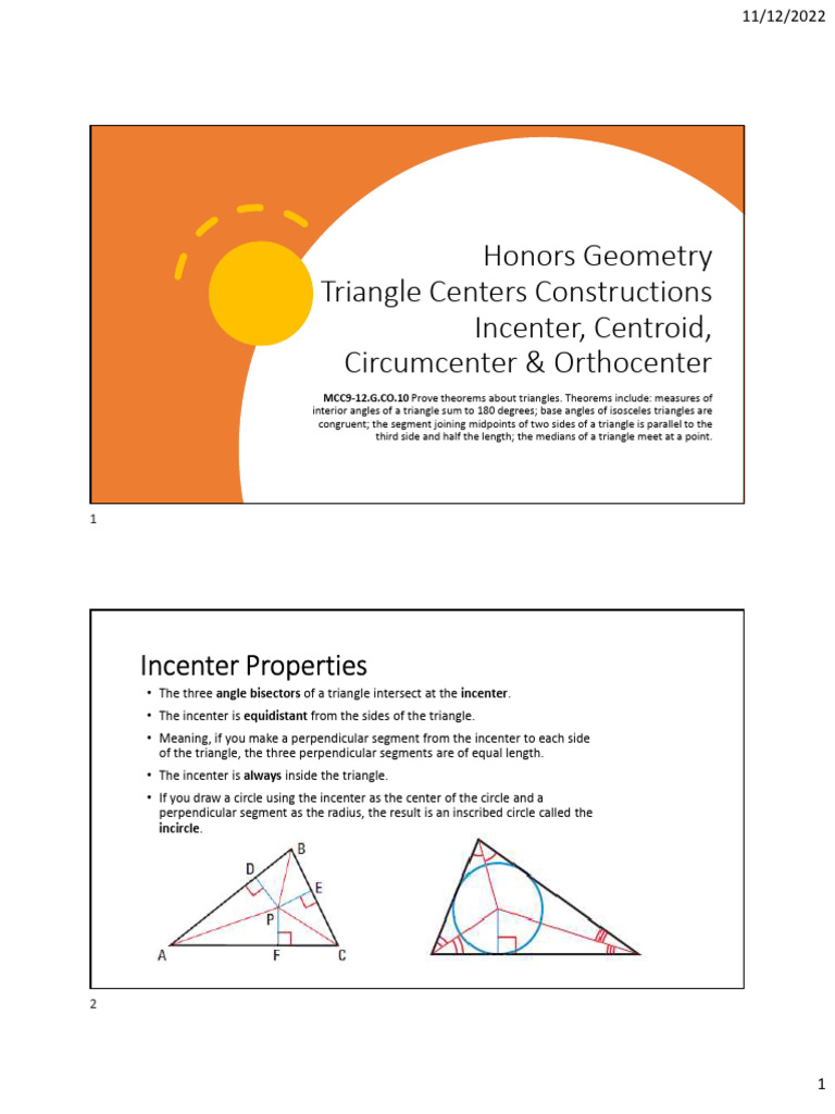 Centers of Triangles Notes PDF | PDF | Triangle | Geometry