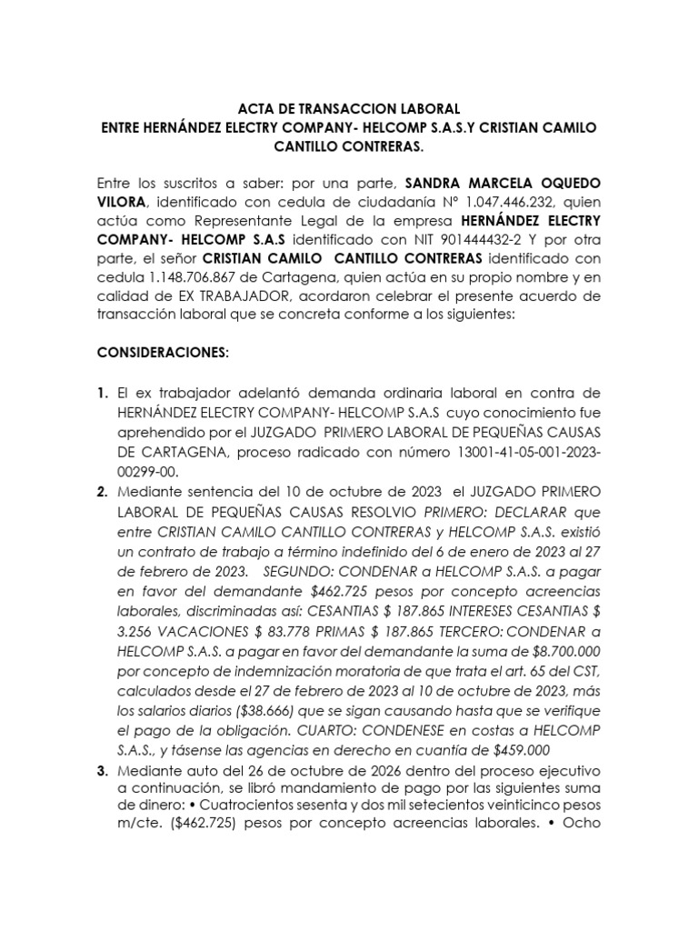 Acta de Transaccion Laboral | PDF | Daños y perjuicios | Mandato