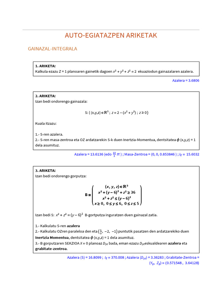 14 Autoegiaztapen Ariketak (Gainazal-Integrala) | PDF