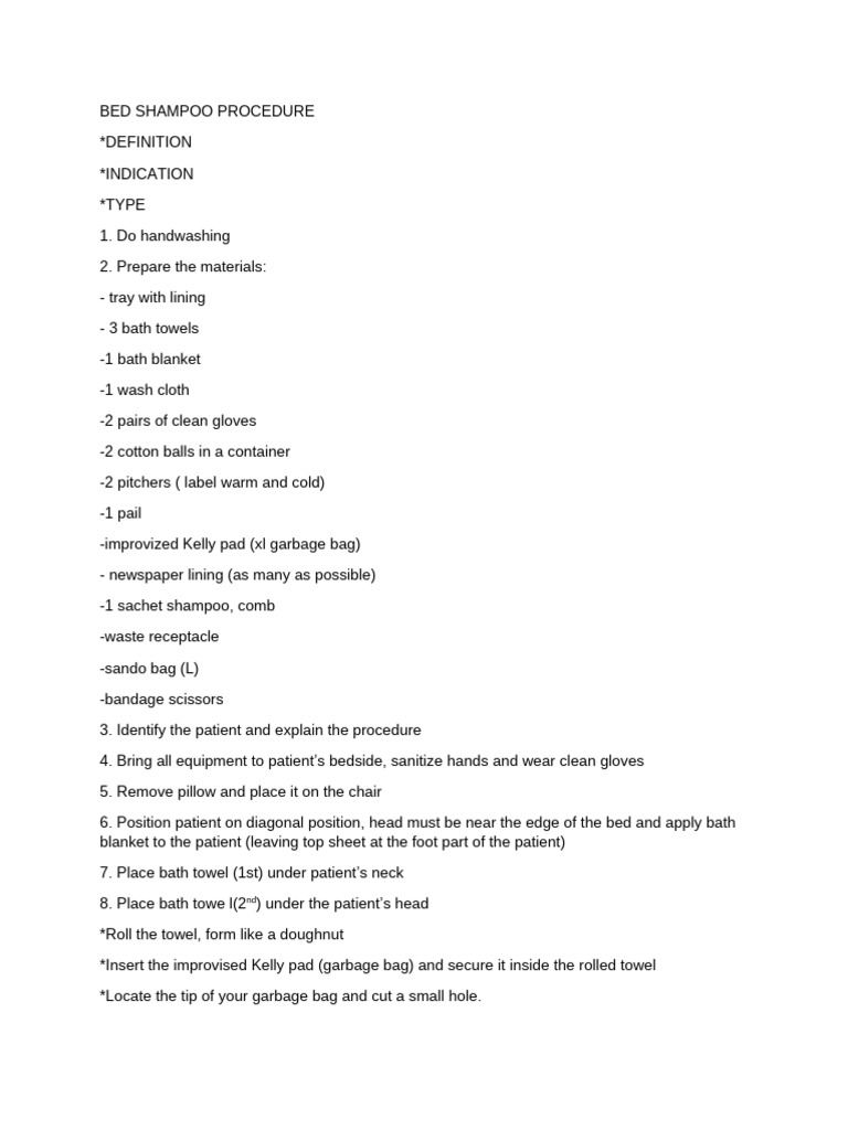 Bed Shampoo Procedure | PDF | Hand Washing | Shampoo