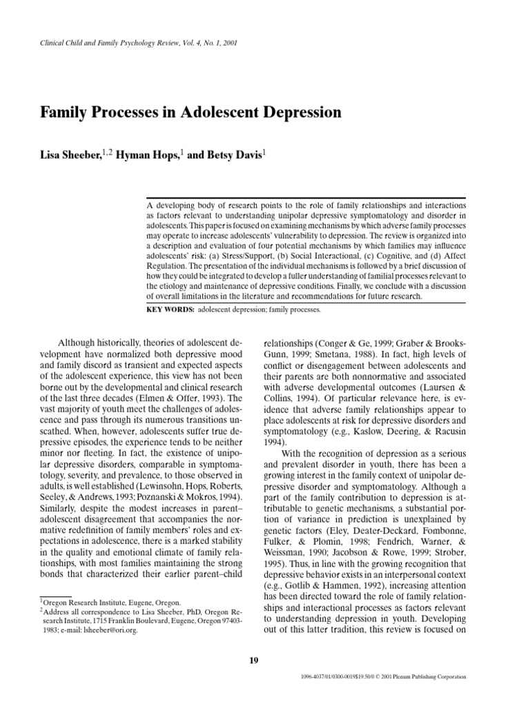 Family Processes in Adolescent Depression: Lisa Sheeber, Hyman Hops ...