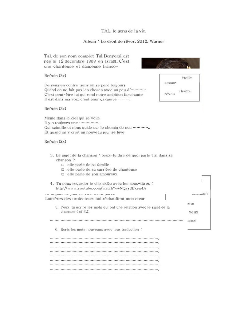 Tal Le Sens de La Vie CHANSON | PDF