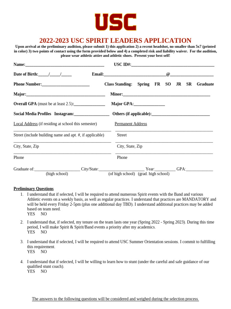 2022 2023 Spirit Leaders Application | PDF | Indemnity | Legal Liability