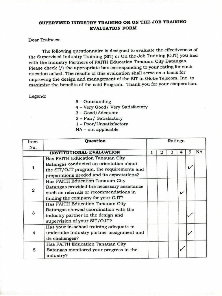 Mvb-Supervised Industry Training or On The Job Training Evaluation Form | PDF