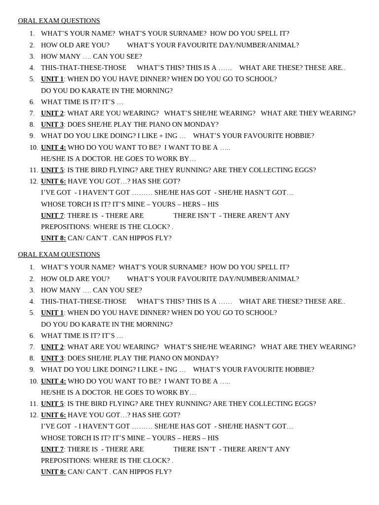 Oral Exam Questions for English Learners | PDF