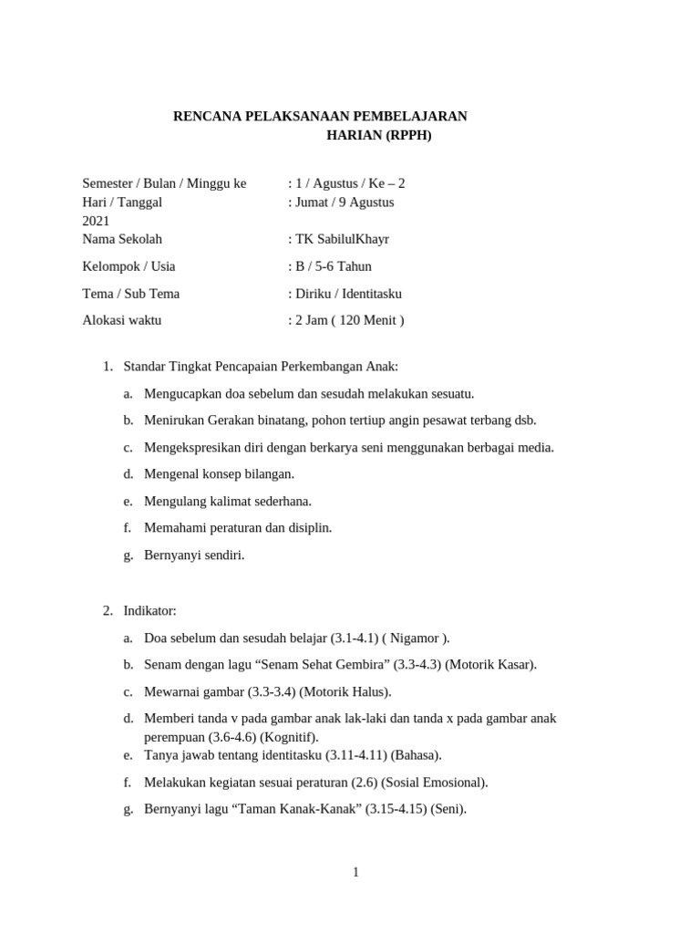 RPPH Tema Identitas Diri Usia 5-6 Tahun | PDF