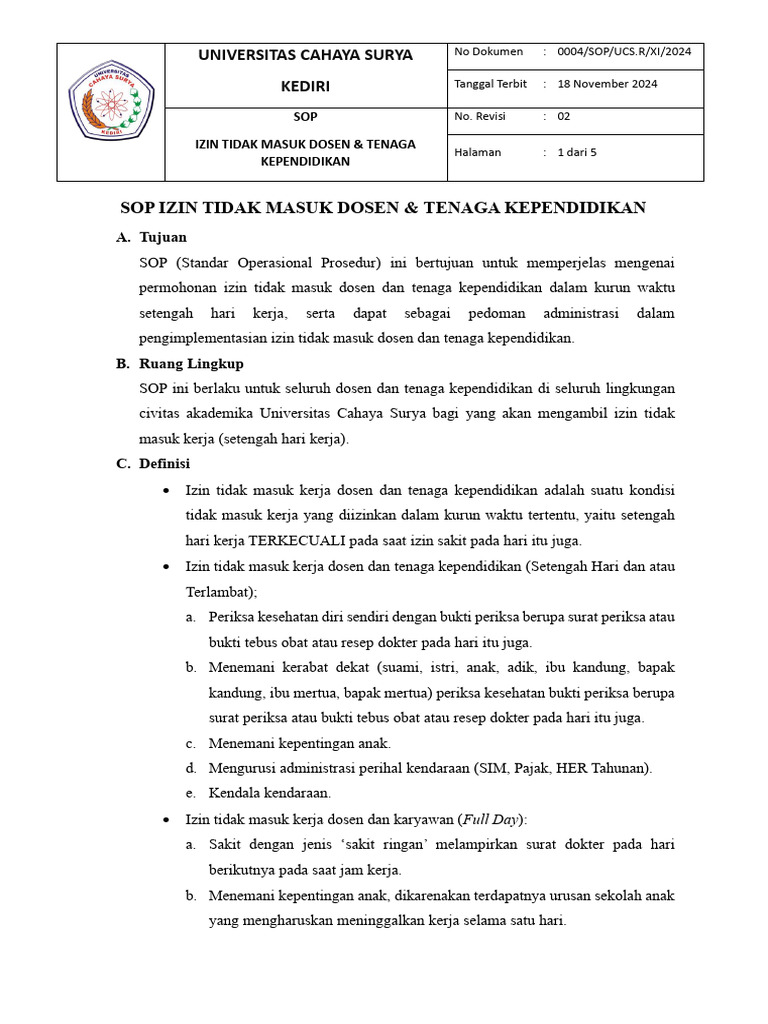 Sop Izin Tidak Masuk Dosen & Tendik | PDF