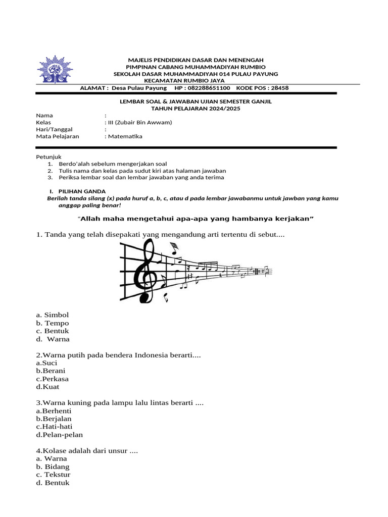 35 Contoh Soal UAS Seni Budaya Kelas 3 SD MI Dan Kunci Jawaban | PDF 35 Contoh Soal UAS Seni Budaya Kelas 3 SD MI Dan Kunci Jawaban | PDF