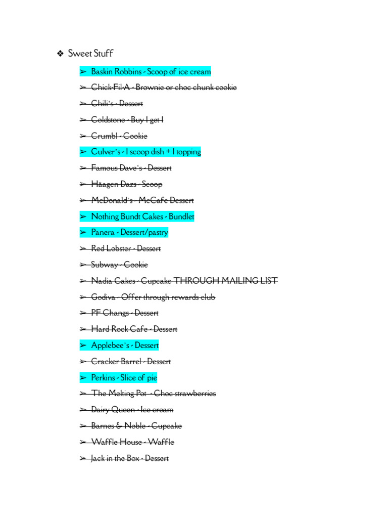 Birthday Freebie List | PDF | Baked Goods | Desserts