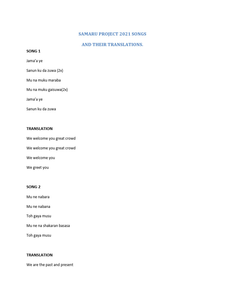 Samaru Project 2021 Songs and Their Translations | PDF