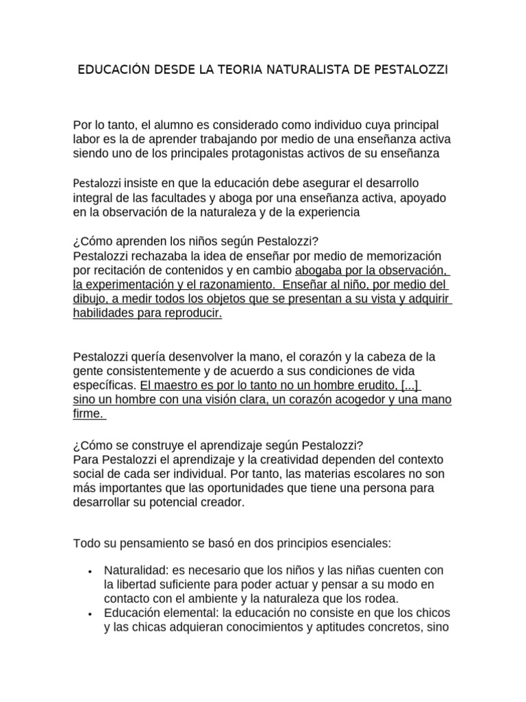 Educación Naturalista de Pestalozzi | PDF | Aprendizaje | Enseñando
