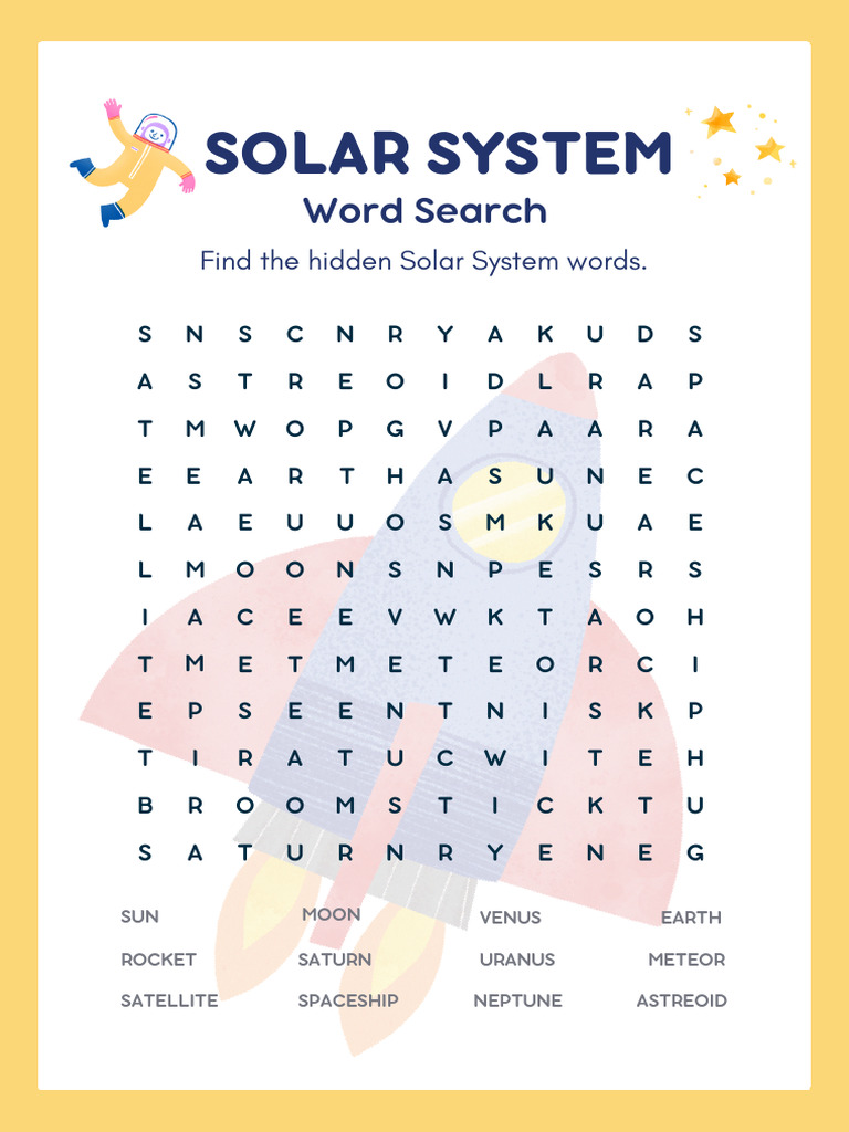 Solar System Word Search Worksheet in White Blue Yellow Cute Style PDF ...