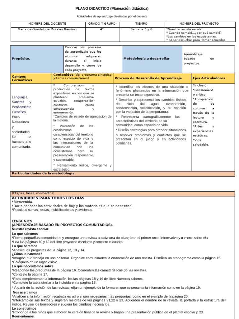 Planeación 4° Semana 5 y 6 Maestra Lupita | PDF | Aprendizaje | Cognición