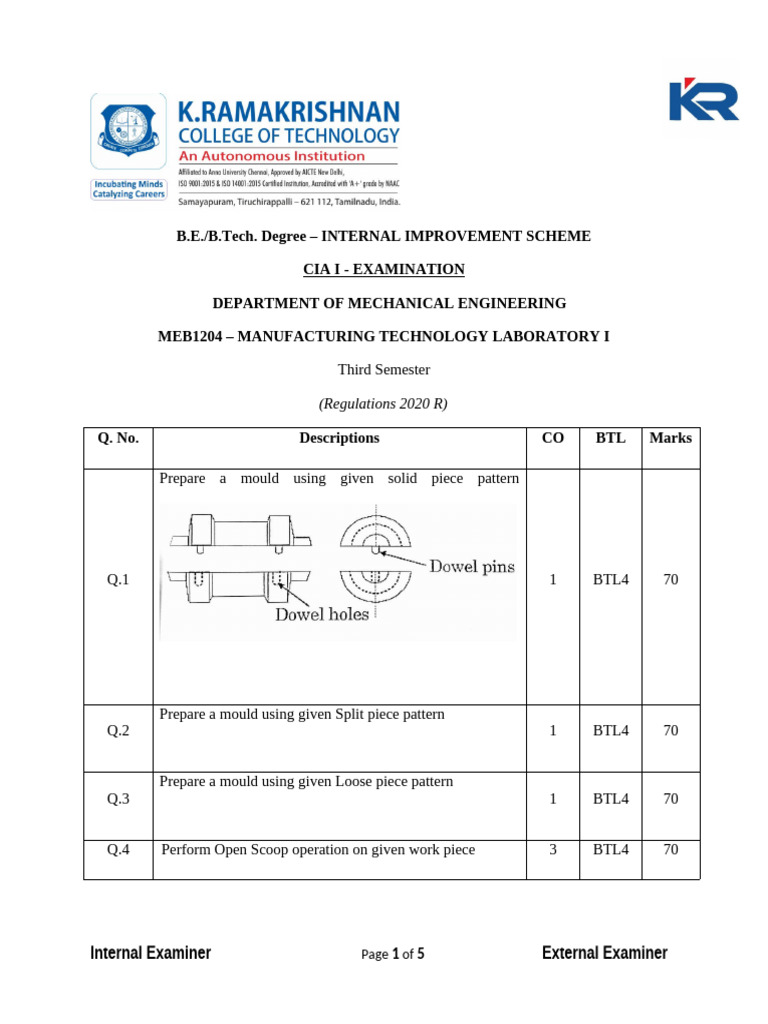 Manufacturing Technology Lab Exam Guide | PDF | Engineering ...