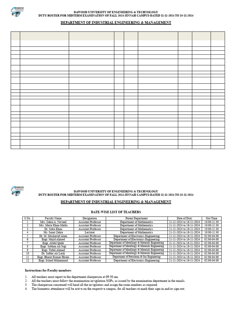 Duty Roster Industrial Engineering & Managment-MId Term-Fall-2024 | PDF ...