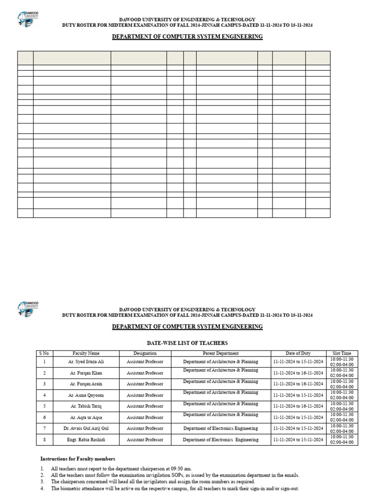 Duty Roster Computer System Engineering-MId Term-Fall-2024 | PDF ...