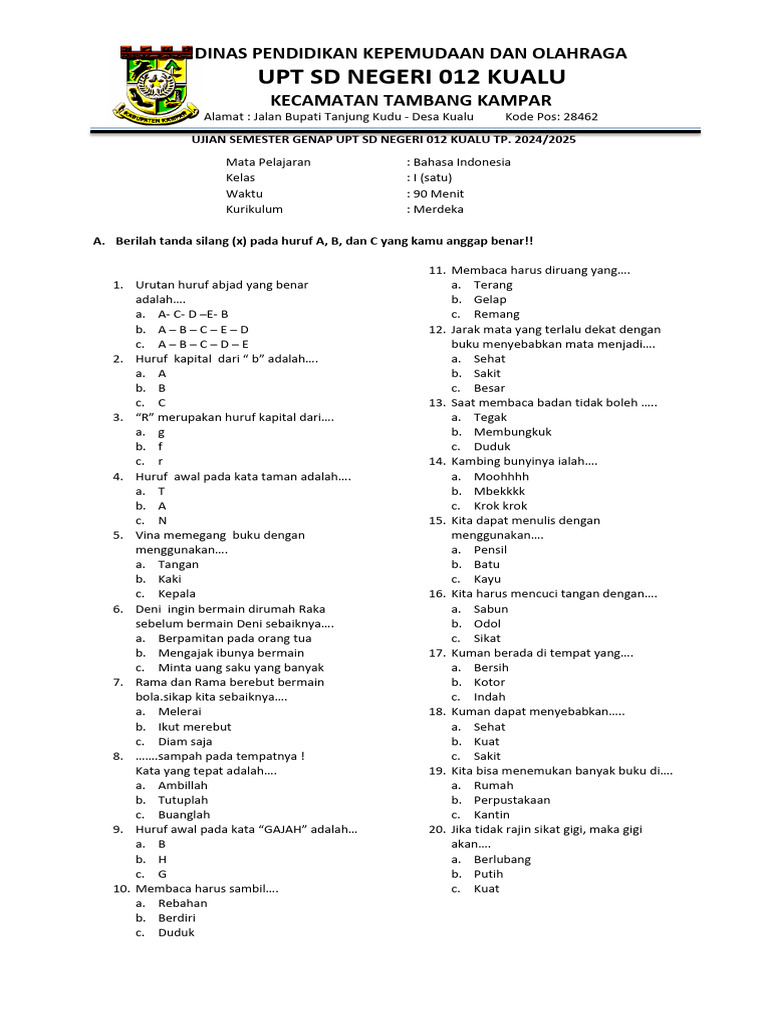 Soal Kumer Kelas 1 B.indonesia | PDF