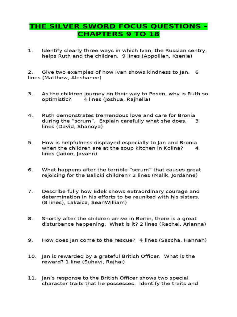 The Silver Sword Focus Questions Chaps 9 To 18 | PDF | British Children ...