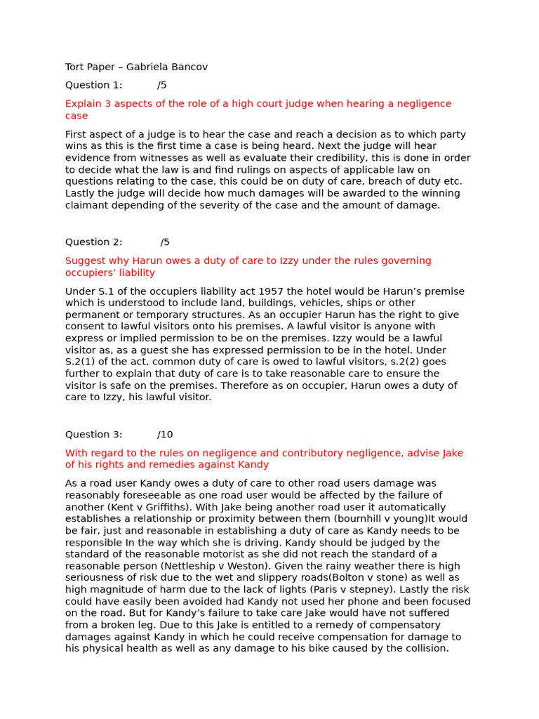 Tort Exam Questions | PDF | Negligence | Duty Of Care