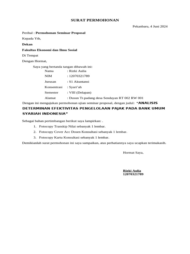 Surat Permohonan Sempro Lia | PDF