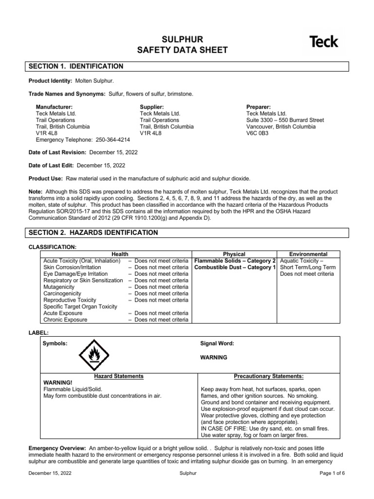 Sulphur SDS | PDF | Toxicity | Fires