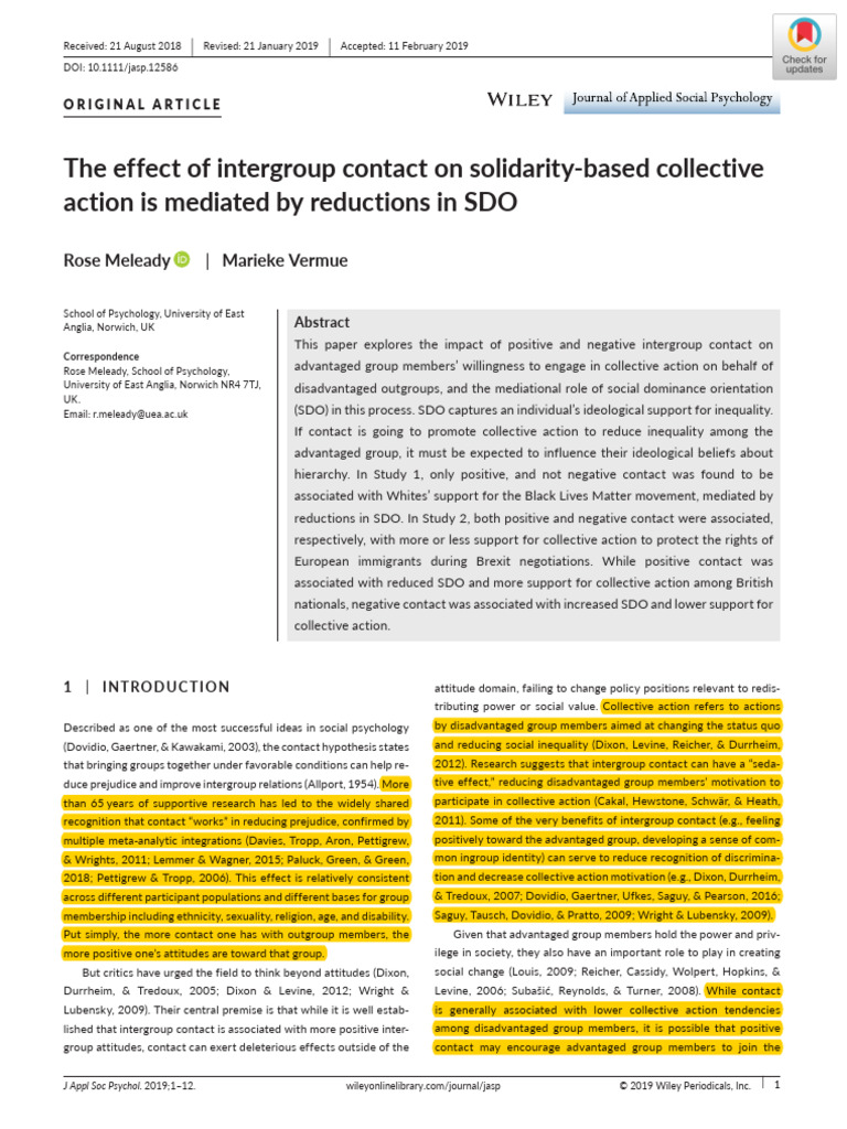 JASP - The Effect of Intergroup Contact On Solidarityâ Based Collective ...