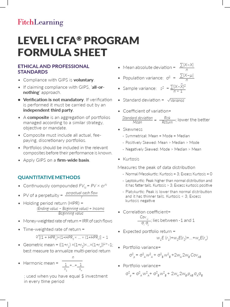 CFA Formula Sheet FULL (Print) | PDF | Revenue | Business
