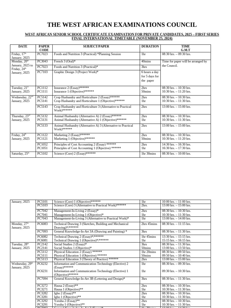 2025 WASSCE Timetable Overview | PDF