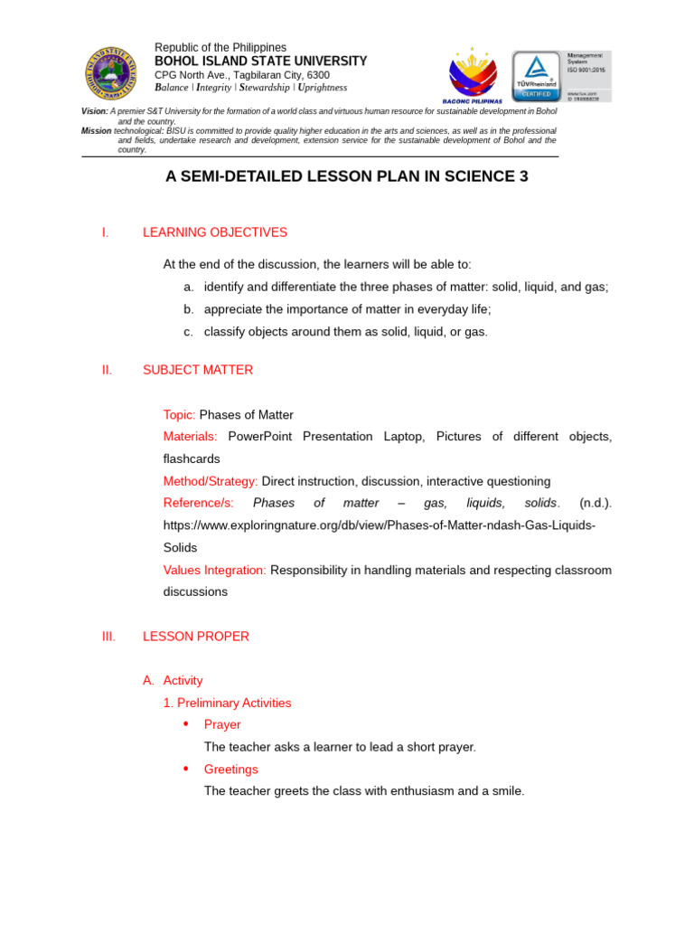 Semi-Detailed Lesson Plan: Phases of Matter | PDF | Lesson Plan | Liquids