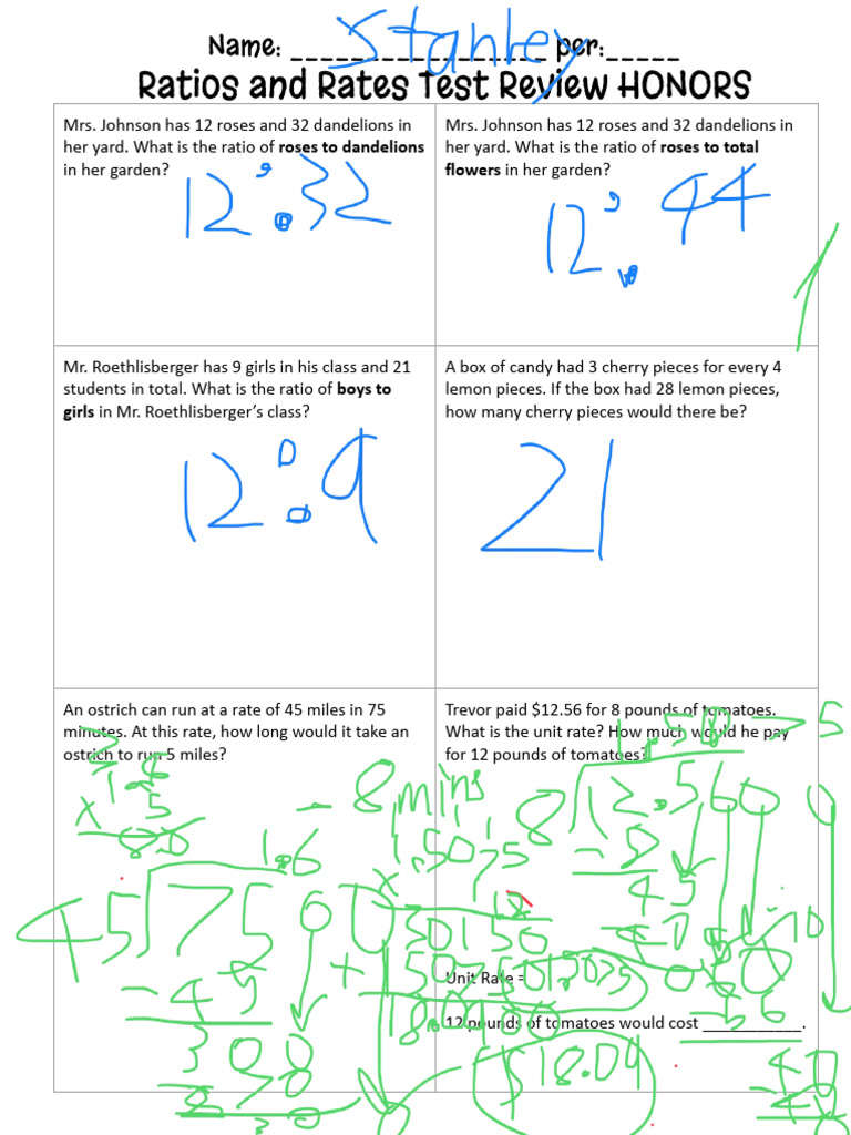 Honors Math Ratios & Rates Review | PDF