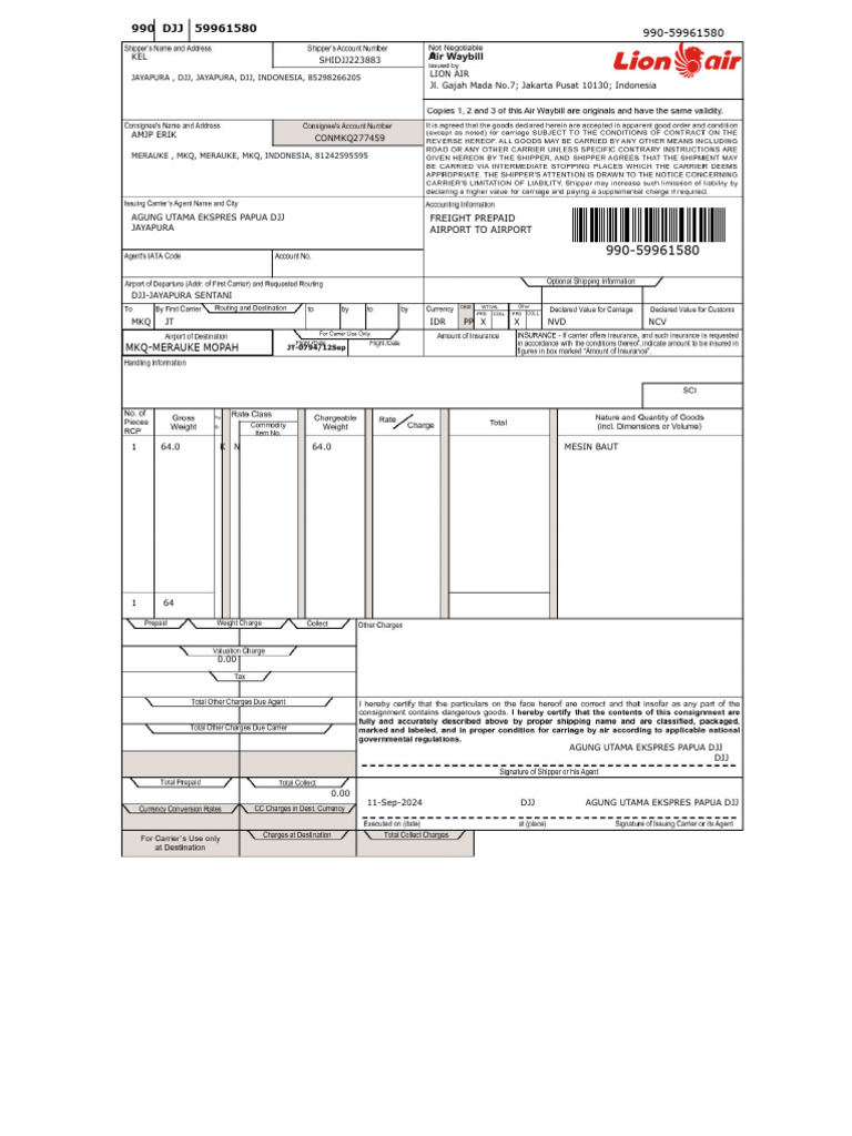 AWB No - 990-59961580 (PT KEL) | PDF