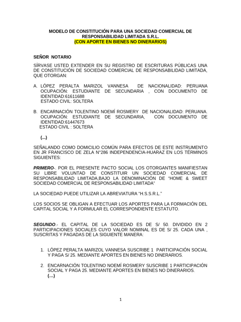 Formato de Minuta Constitucion SRL Con Aporte en Bienes No Dinerarios | PDF | Sociedad de ...