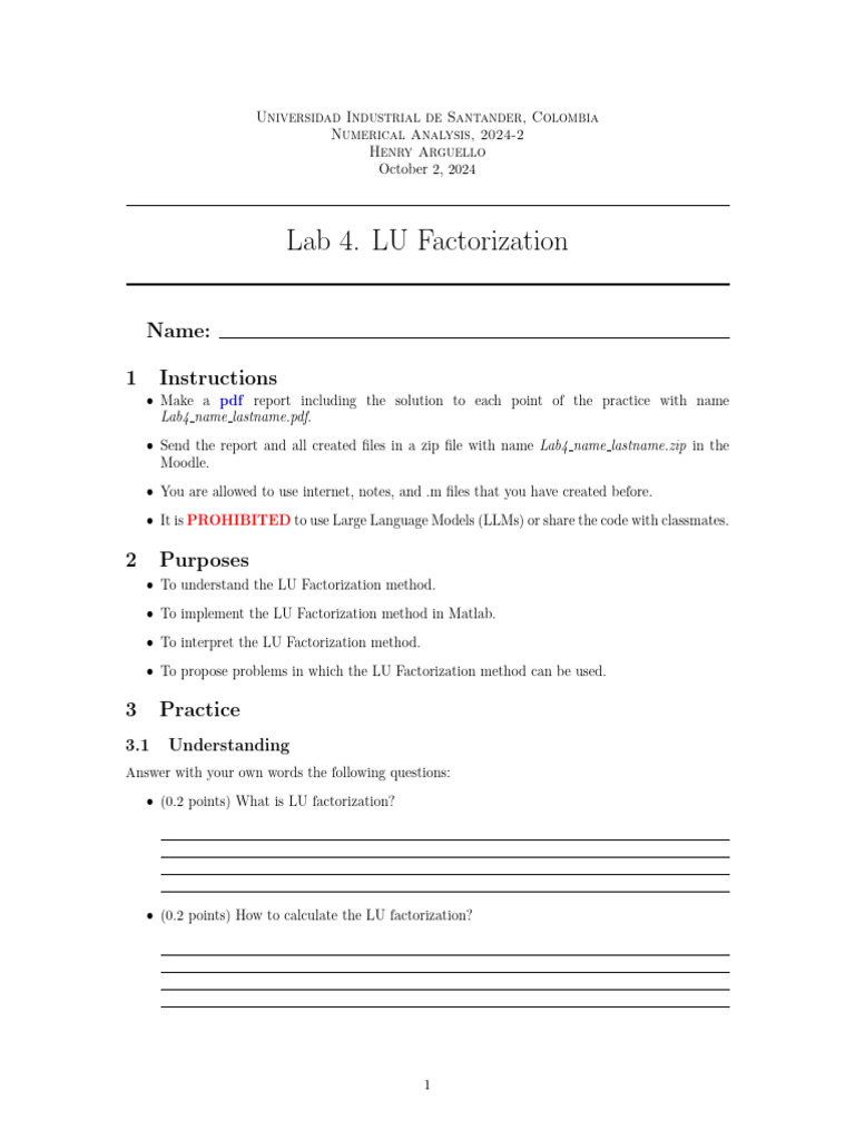 Lab4 LU Factorization | PDF | Linear Regression | Factorization
