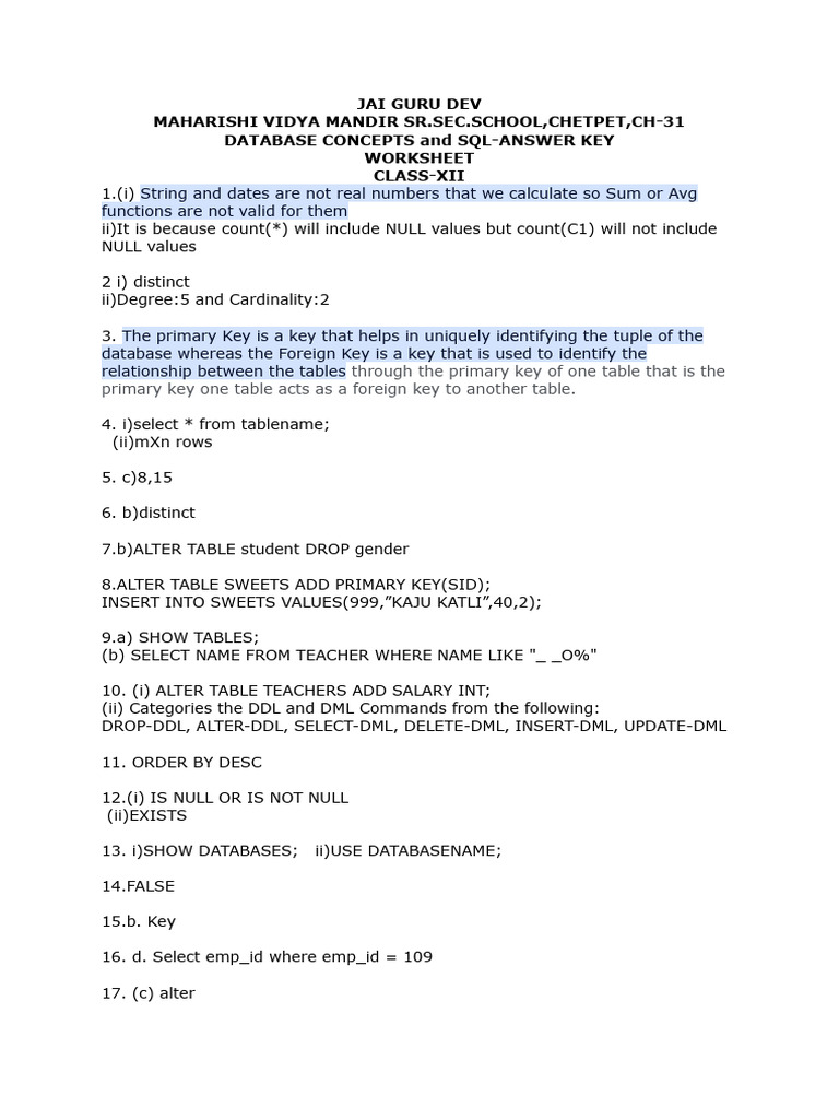 Database Concepts and SQL Worksheet Ans Key | PDF | Information Technology Management | Software ...