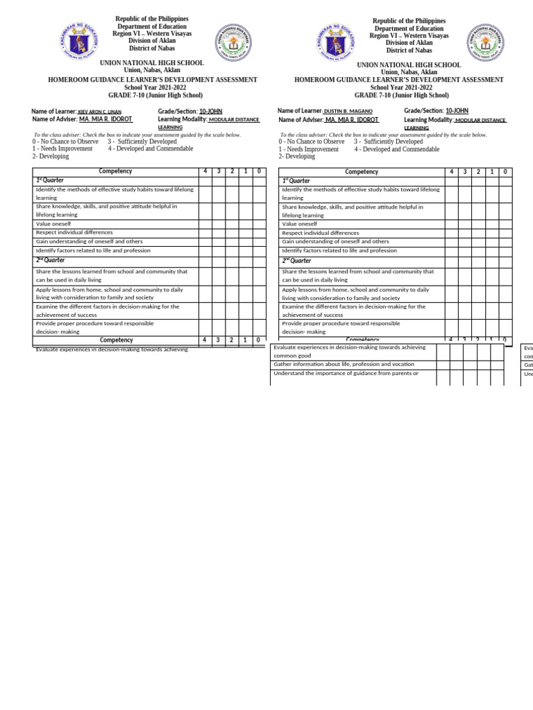 Homeroom Guidance Learners Development Assessment Junior High School ...