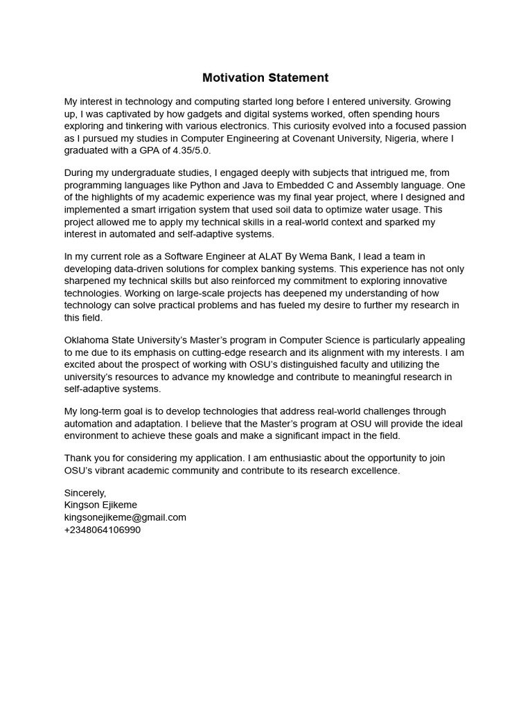 Kingson Motivation Statement | PDF