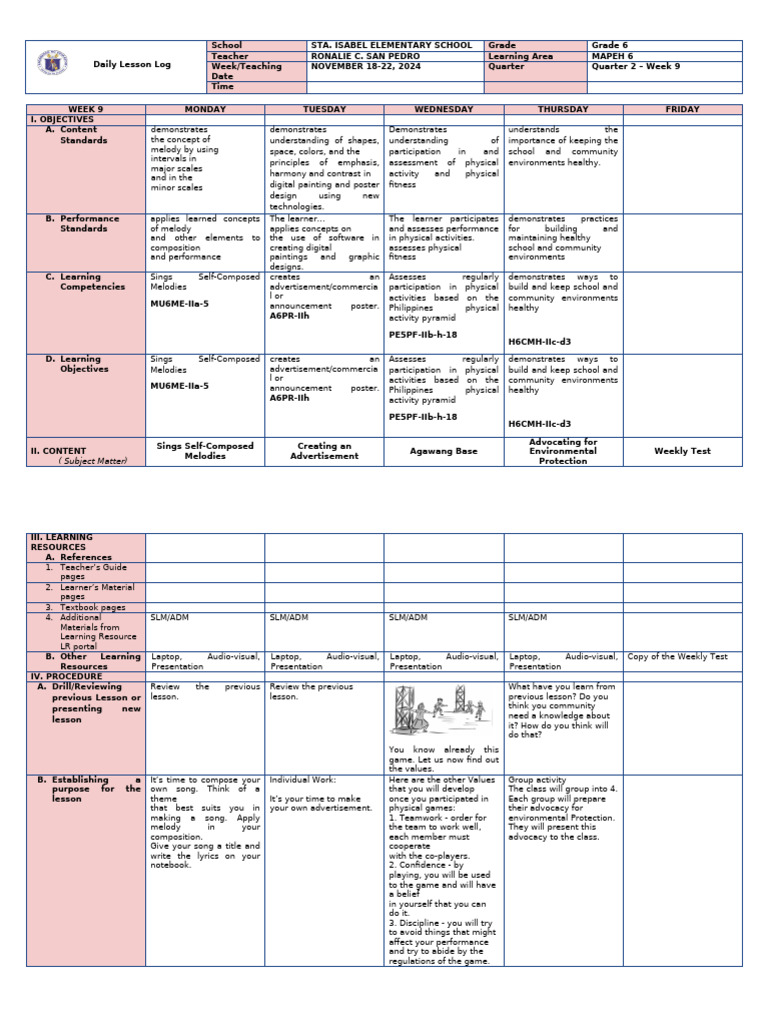 DLL - Mapeh 6 - Q2 - W9 | PDF | Learning | Anger