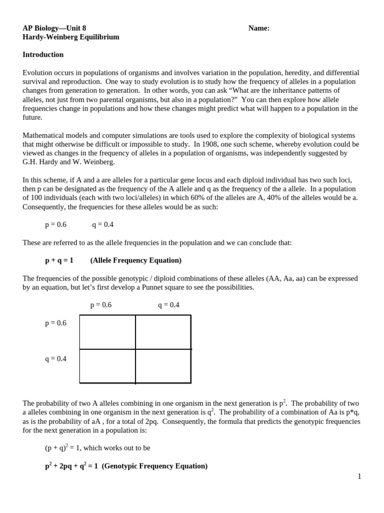 AP Biology-Unit 8 Name: Hardy-Weinberg Equilibrium | PDF | Zygosity ...