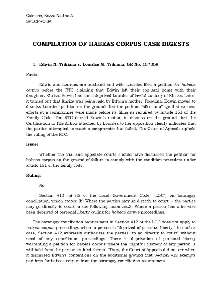 Calmerin - HABEAS CORPUS CASE DIGESTS | PDF | Habeas Corpus | Bail